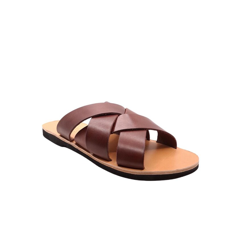 Men's Brown Leather Cross Strap Sandals: Minimalist Summer Slides - Etsy