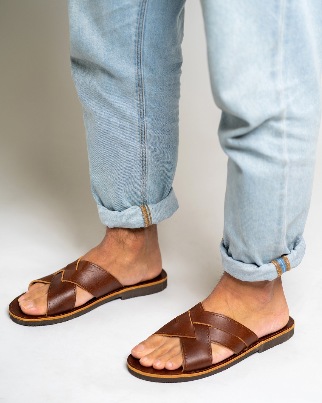 Handmade Brown Leather Mens Sandals: Grecian Summer Slippers - Etsy