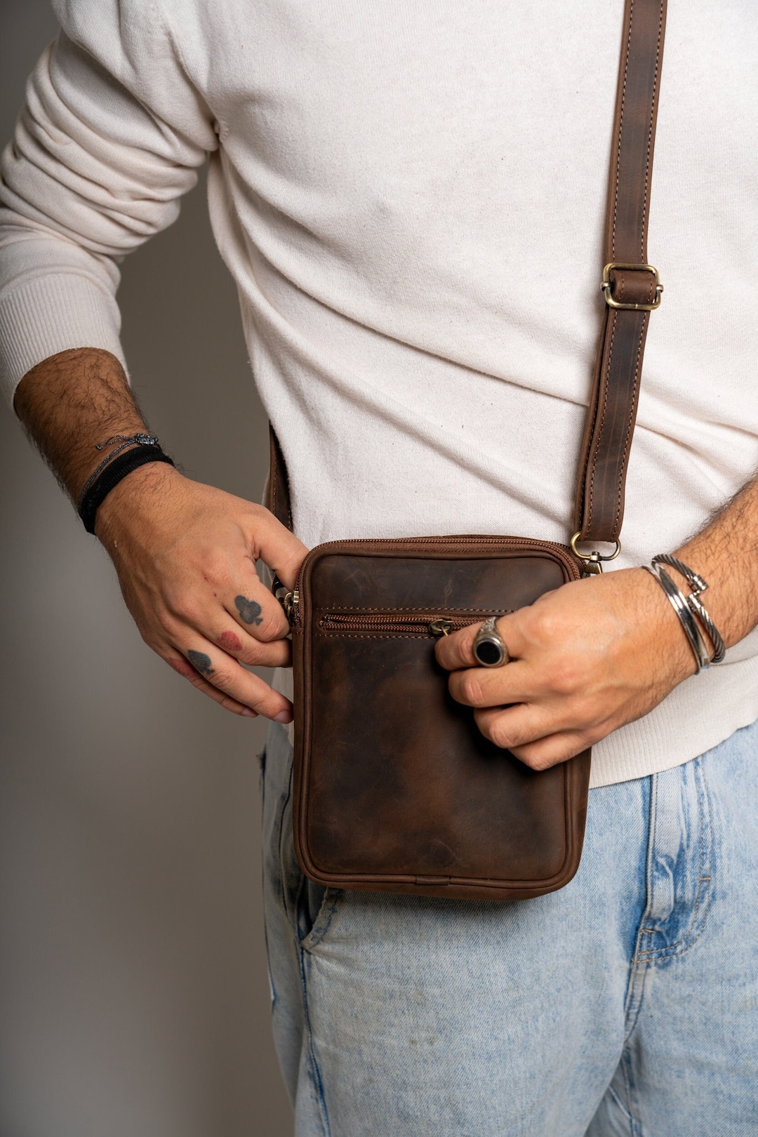 Brown Leather Crossbody Bag Men: Handmade Full Grain Messenger - Etsy