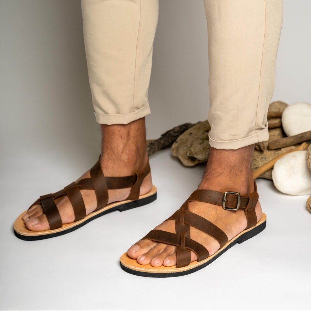 Brown Leather Strappy Sandals Men, Sling Back Flat Leather Sandals ...