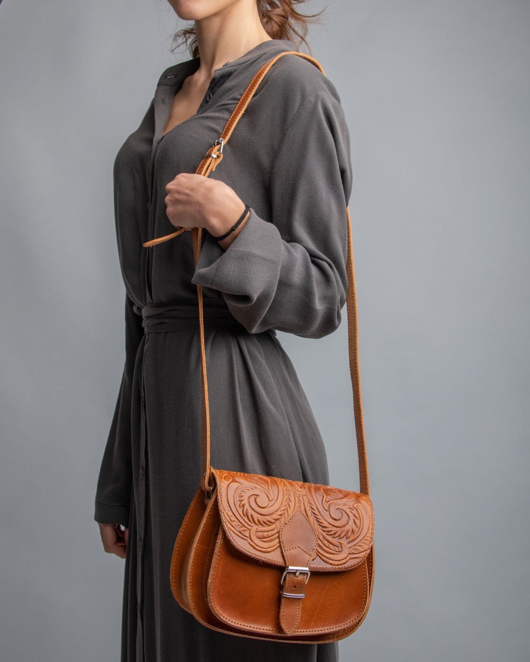 Handmade Leather Crossbody Bag: Tooled Saddle Purse, Greek Design - Etsy