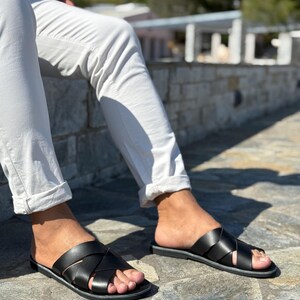Criss Cross Flat Strap Sandals Men, Black Leather Sandals Men, Greek ...