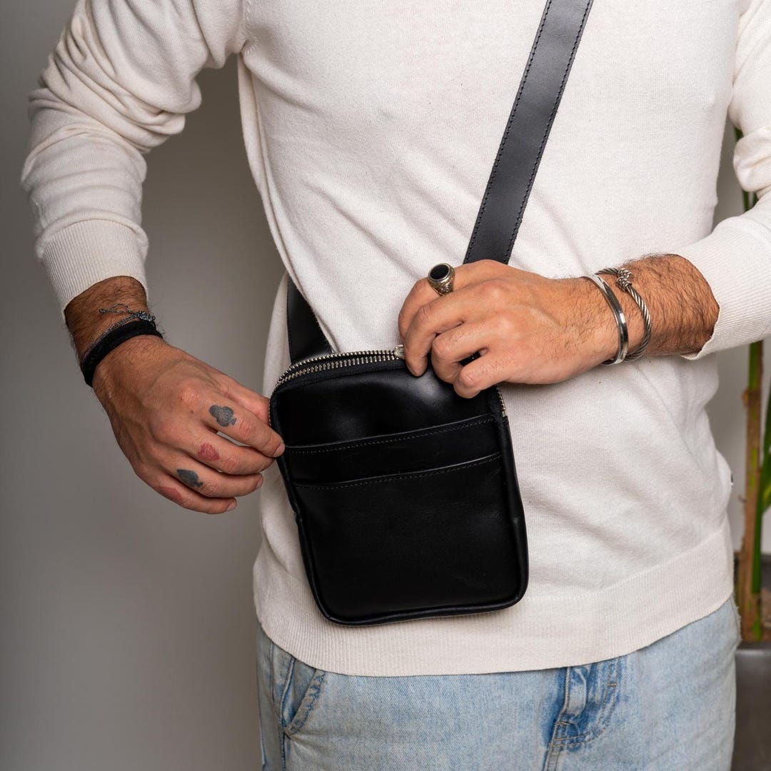 Men’s Leather Crossbody Bag – Black Small Messenger Shoulder Bag for ...