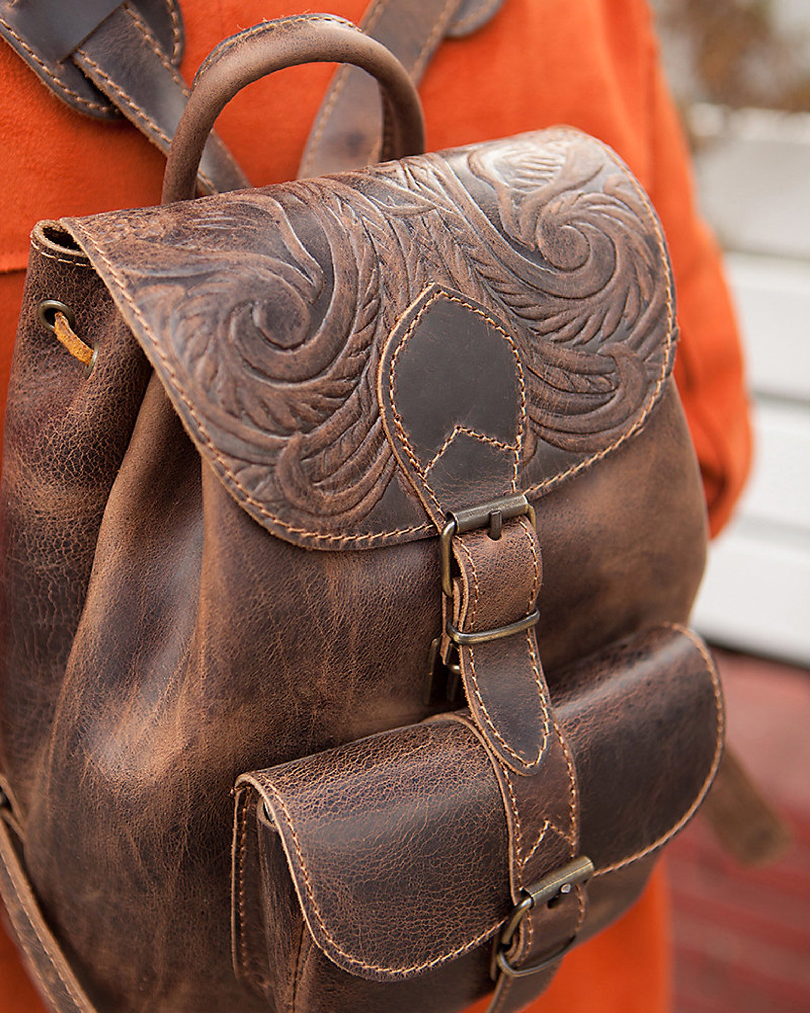 Leather Backpack Women Tooled Leather Backpack Boho Leather - Etsy