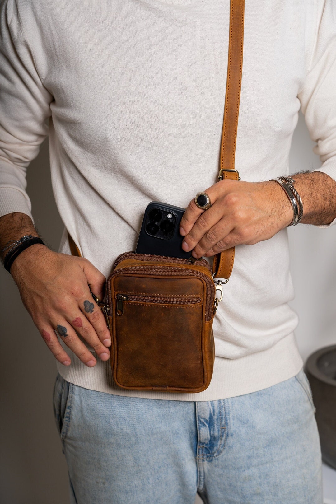 Small Leather Crossbody Bag Men, Small Messenger Bag Men, Leather ...