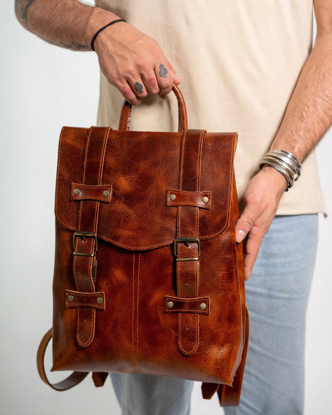 Full Grain Leather Backpack Men, Leather Rucksack, Laptop Leather ...