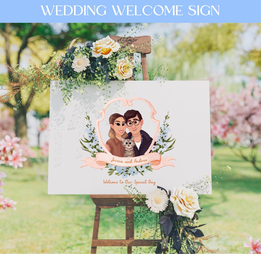 Custom Couple Portrait Wedding Welcome Sign: Rustic Hand-drawn ...