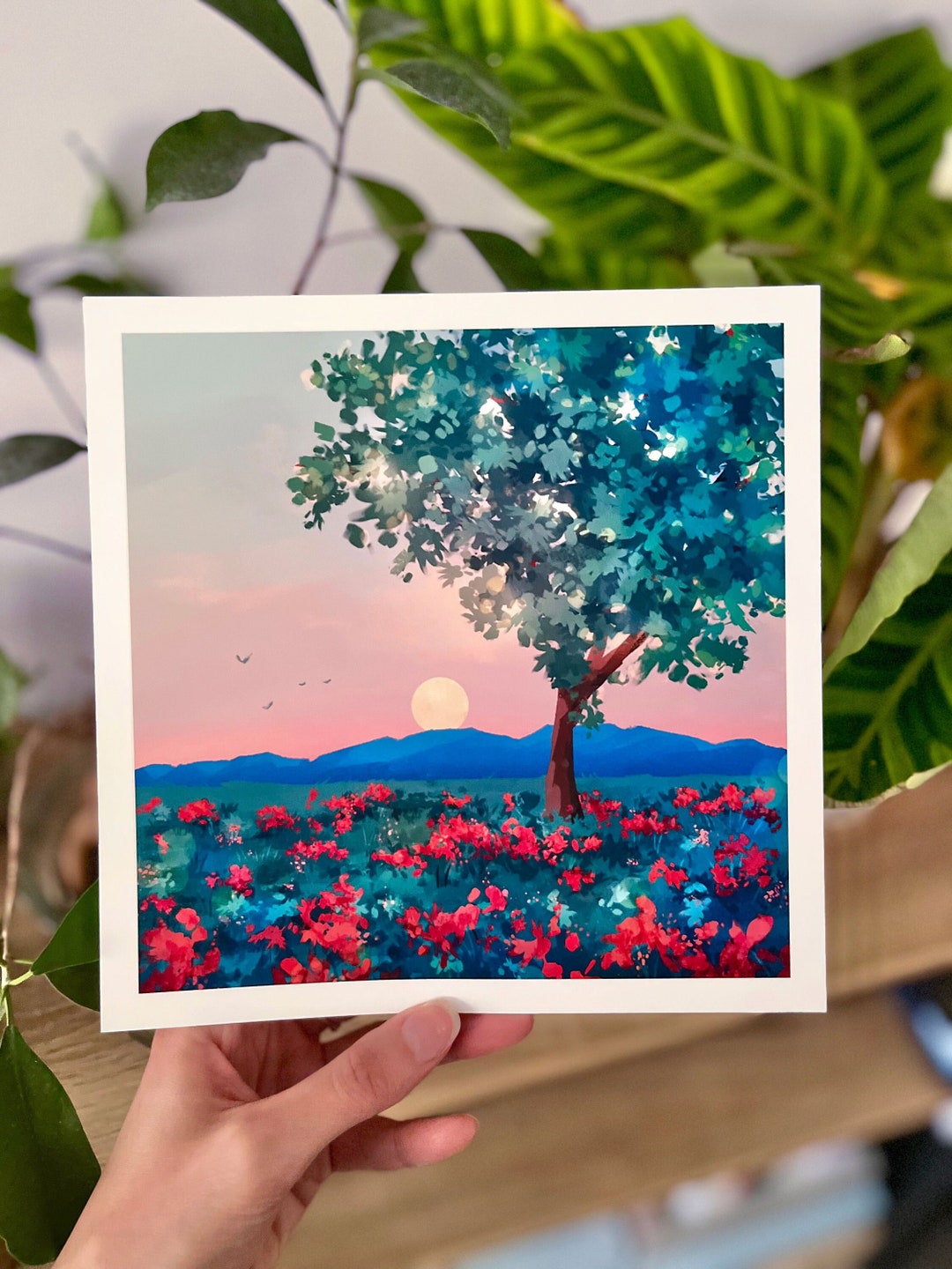 Tree and Red Flowers, Forest Nature Poster, Sunset, Mountain Landscape ...