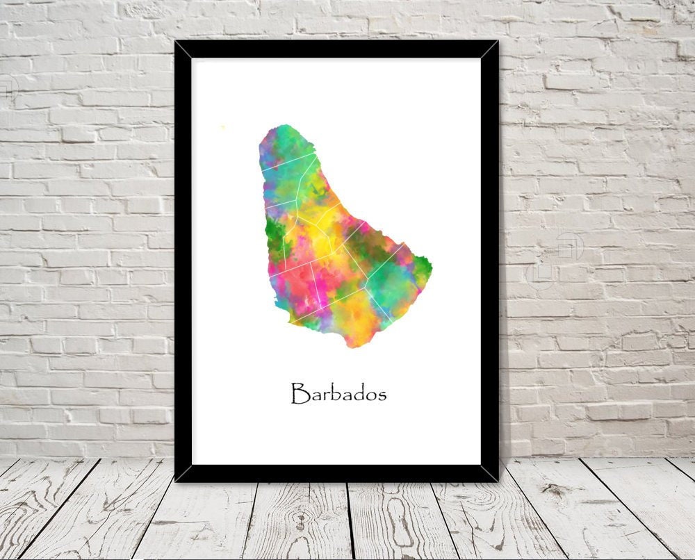 Barbados Print Watercolour Illustration Map Barbados Map Art Map ...