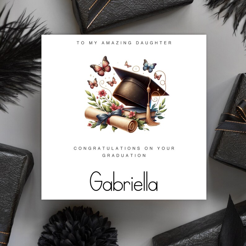 Butterfly Graduation Cap and Scroll Card, Personalised Celebration Card ...