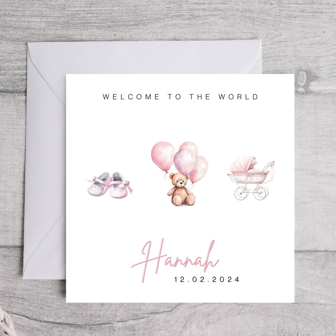 Pink Baby Shower Card Teddy Bear Card Welcome Baby New Parents Gift ...