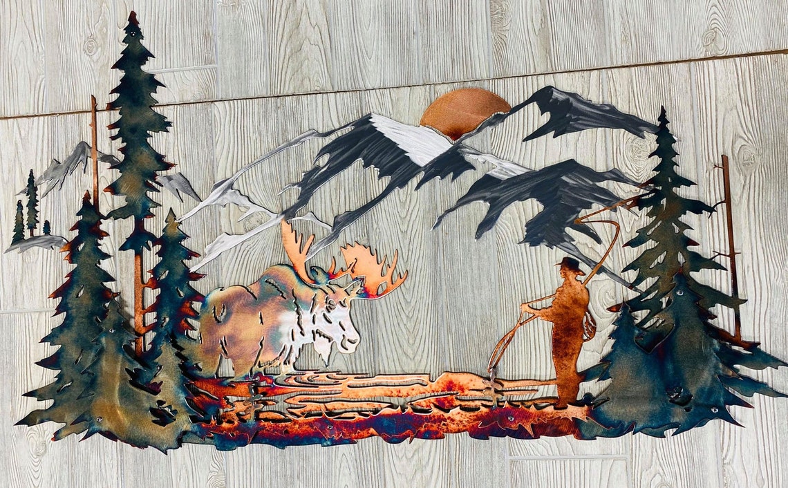 Mountain Trout Fishing Scene W/moose Rustic Northwoods Metal - Etsy