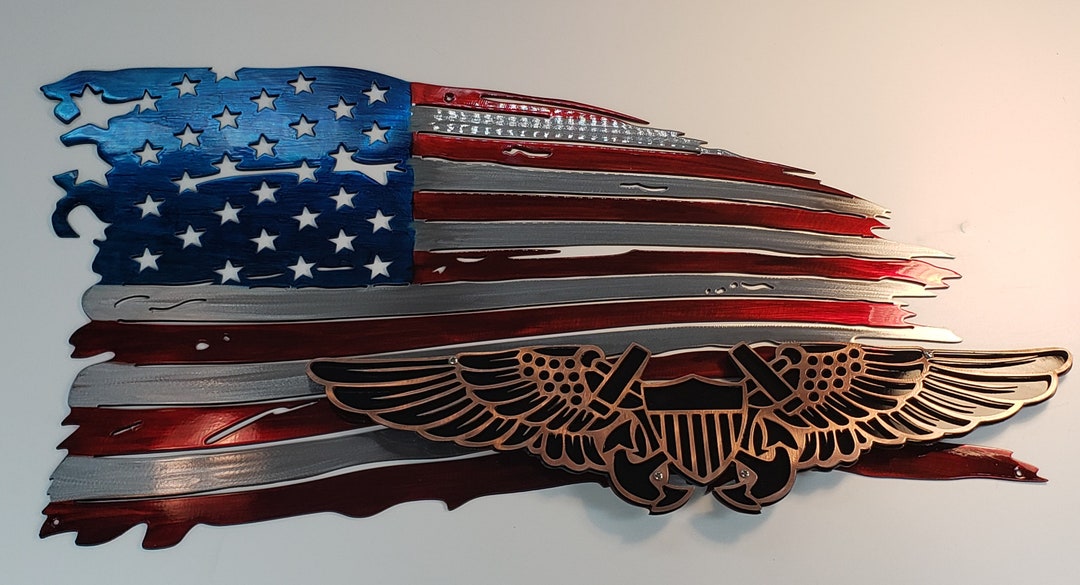 Tattered US Flag With US Naval Officer Logo Veteran Patriotic Metal ...