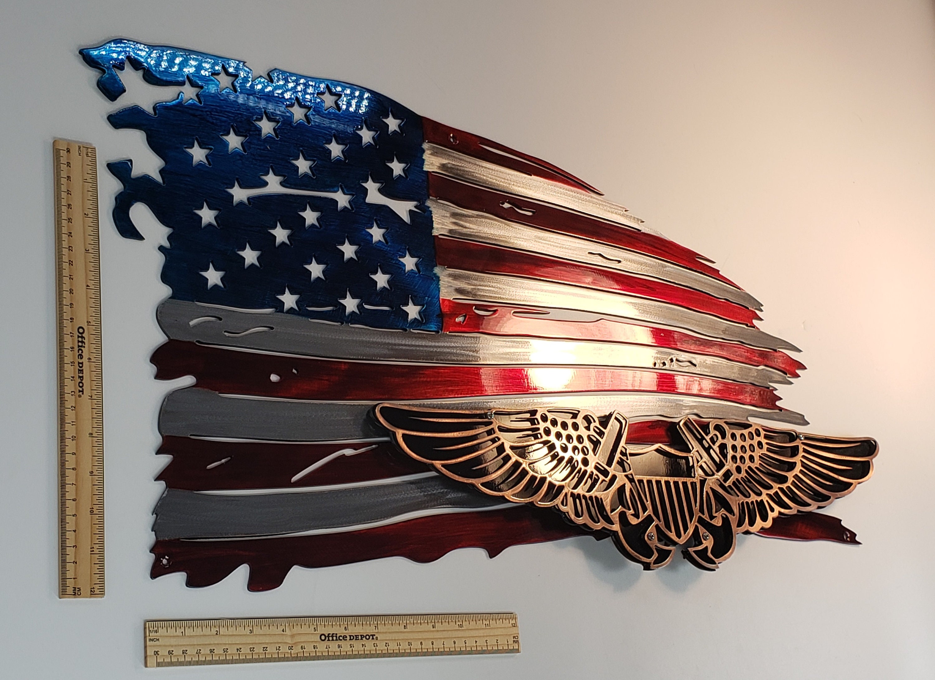 Tattered US Flag With US Naval Officer Logo Veteran Patriotic Metal ...