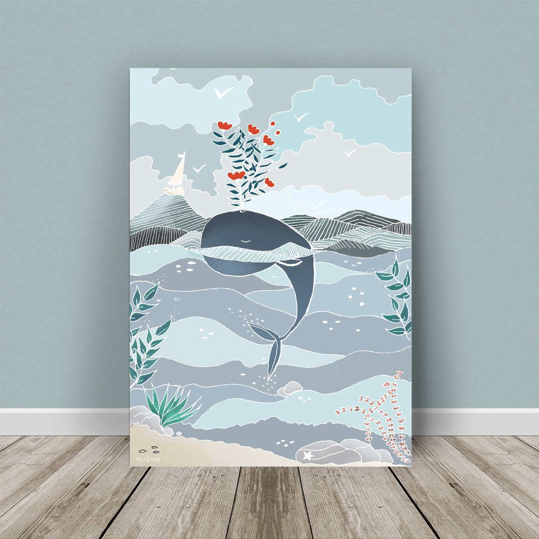 Whale Illustration Poster on Seabed to Print - Etsy