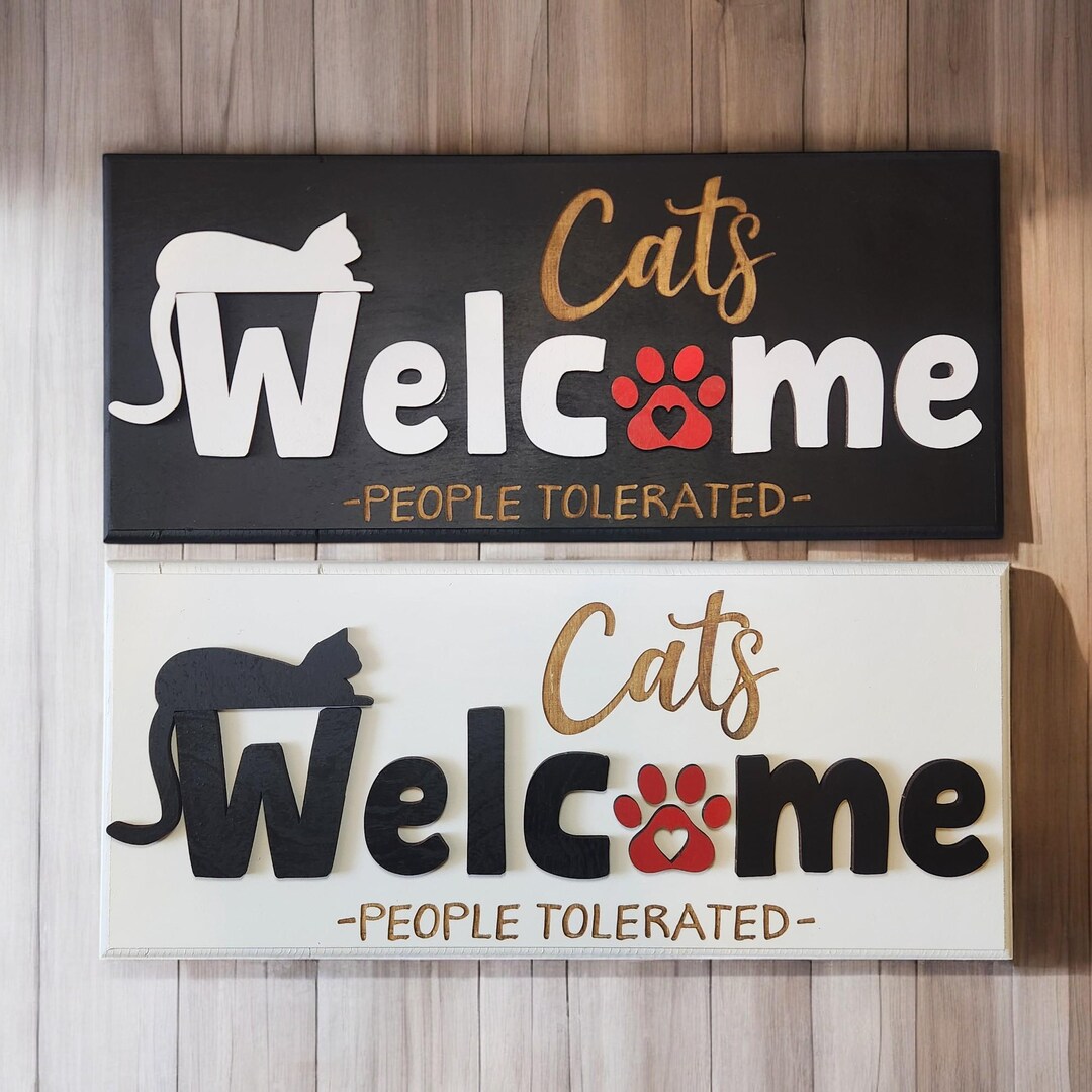 Cat's Welcome Sign | 3D Birch Wood Wall Hanging With Etched Humor & Red ...