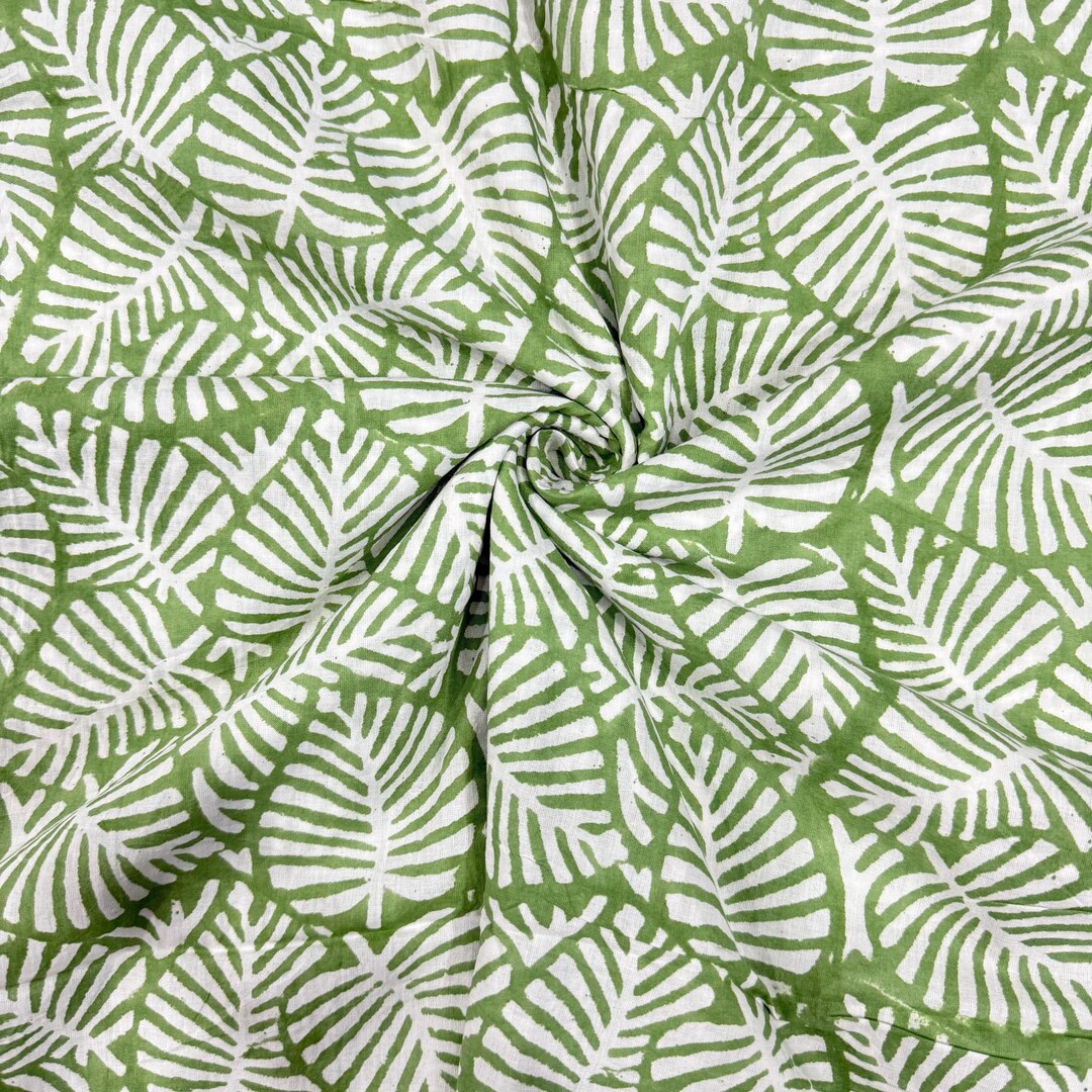 Leaf Print Cotton Fabric Green- Ethnic Hand Block Textile for Dresses ...