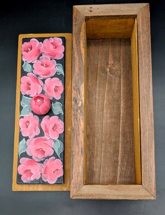 Vtg Handmade Wooden Rectangular Box with Lid Hand Pai… - Gem