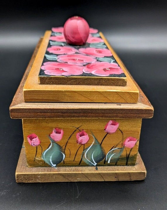 Vtg Handmade Wooden Rectangular Box with Lid Hand Pai… - Gem
