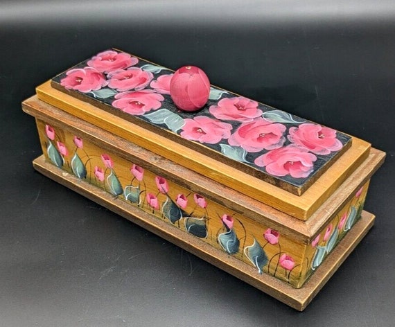 Vtg Handmade Wooden Rectangular Box with Lid Hand Pai… - Gem