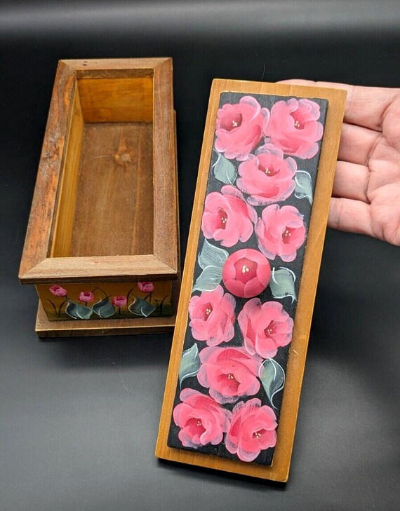 Vtg Handmade Wooden Rectangular Box with Lid Hand Pai… - Gem