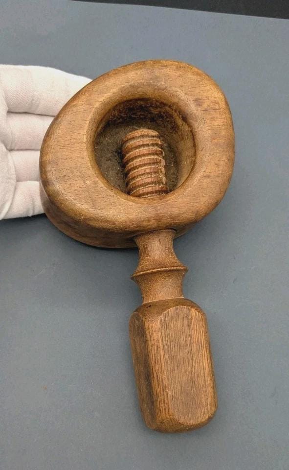 Vtg Hand Turned Wooden Nut Cracker Screw Type Large Primitive Farmhouse ...