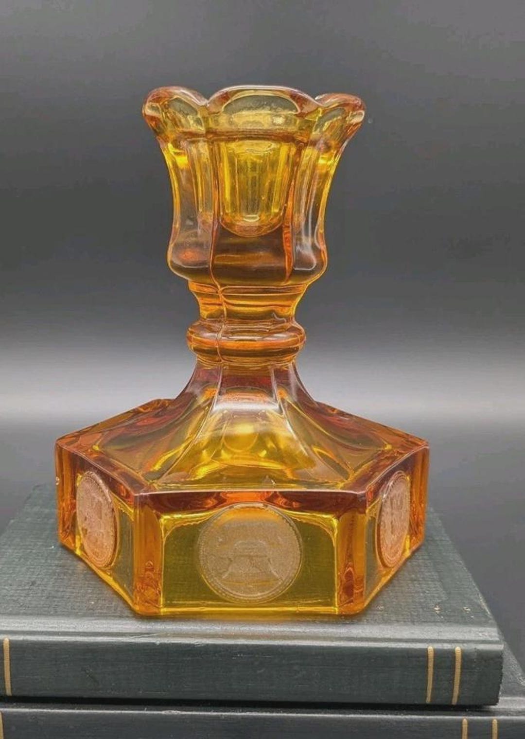 Fostoria Glass Coin Liberty Bell Candle Stick Holder Amber - Etsy