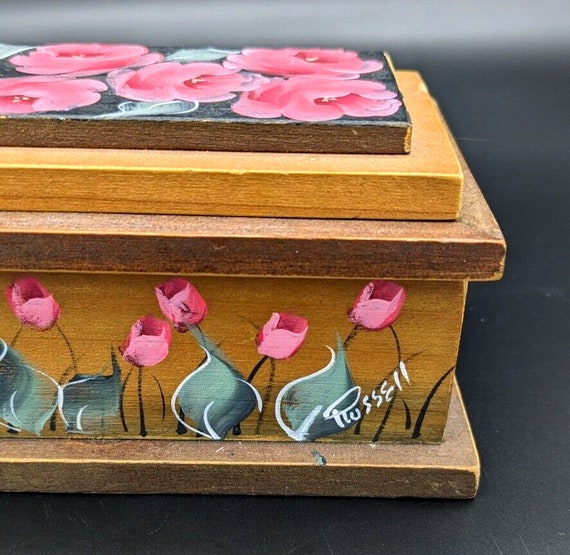 Vtg Handmade Wooden Rectangular Box with Lid Hand Pai… - Gem
