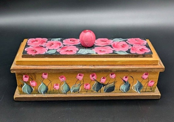 Vtg Handmade Wooden Rectangular Box with Lid Hand Pai… - Gem