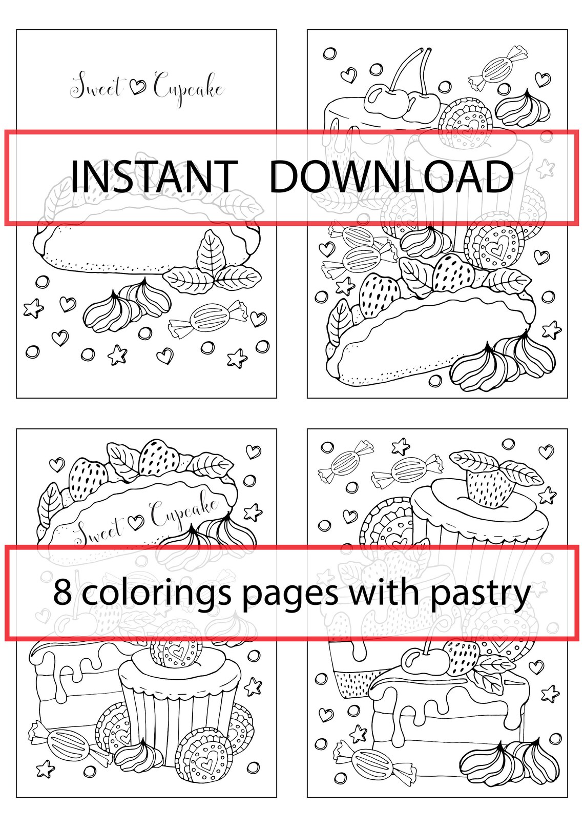 8 Coloring Pages With Sweet Cookie, Biscuit With Berry. Instant ...