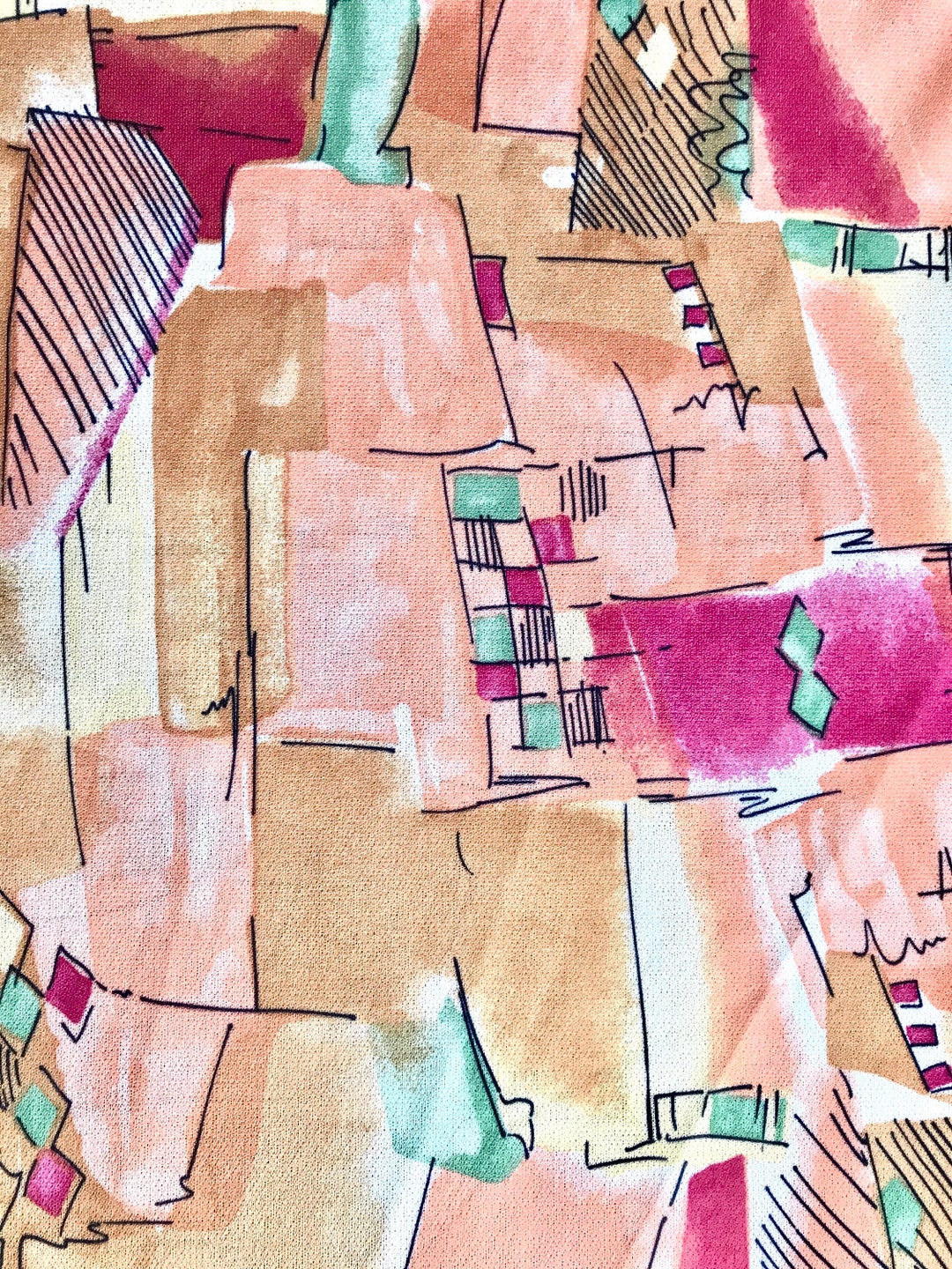 Last 1.70m Vintage 1990s Orange Pink and Gold Abstract Design Printed ...