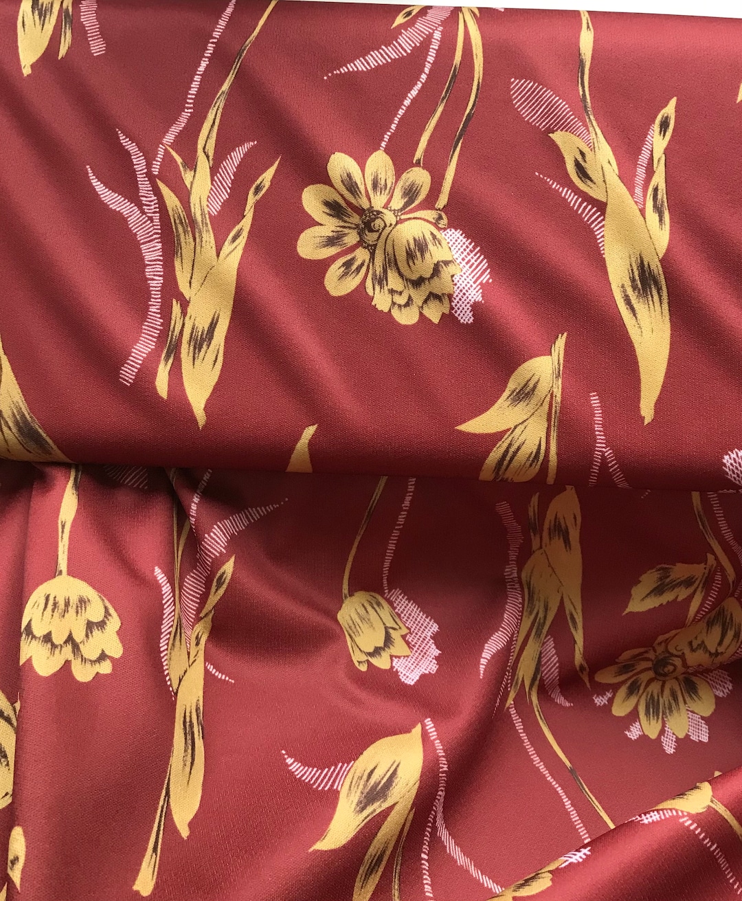 Vintage Printed Polyester Dress Fabric in Floral Design on Rust,brick ...