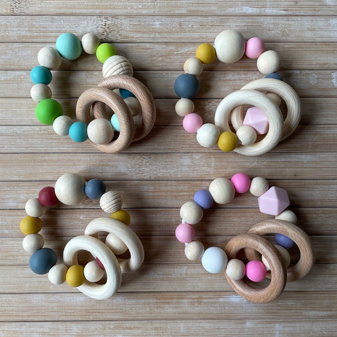Baby Silicone-wood Rattle, Wooden Ring Rattle, Baby Bracelet, Newborn ...