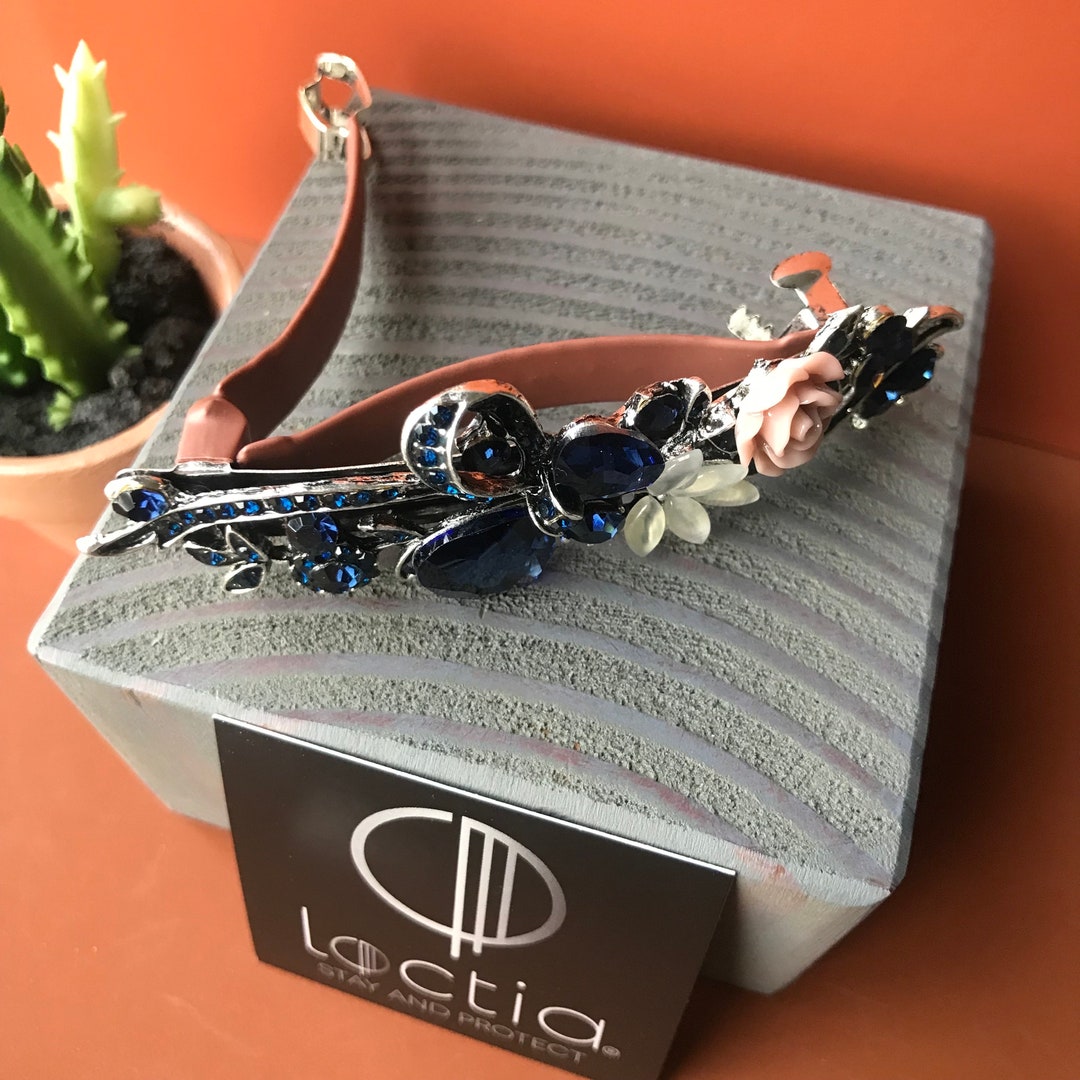 Loctia Lined No Slip Blue Ribbon Rhinestone Metal Medium Barrette Hair ...