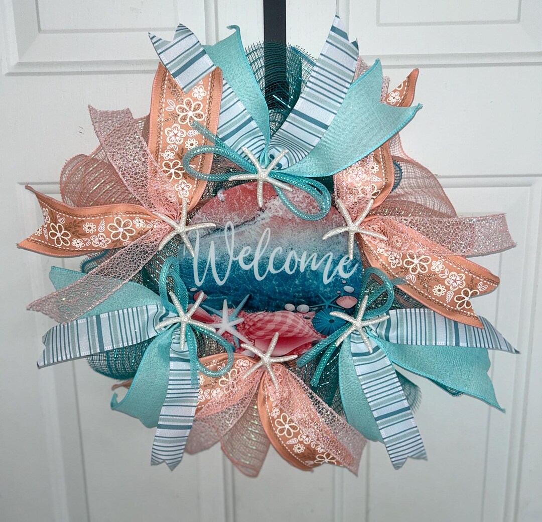 Starfish Beach Wreath, Coastal Welcome Sign, Coral Turquoise Seaside ...