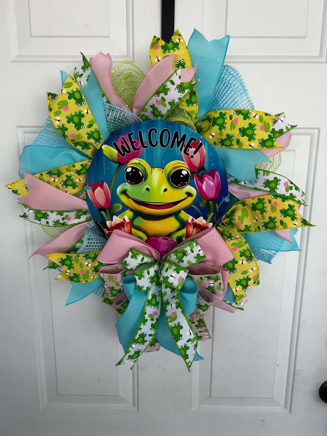 Frog, Front Door Wreath, Everyday Wreath, Spring Wreath, Green, Yellow ...