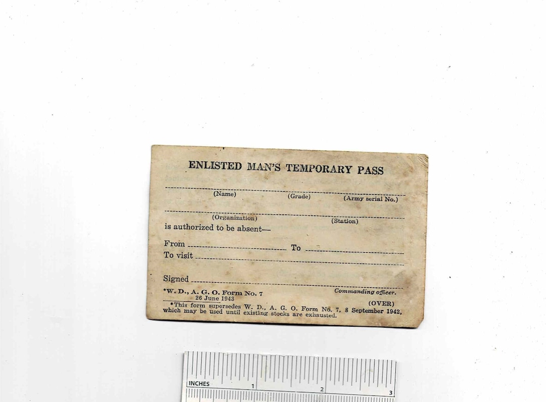 1943 WW2 ENLISTED MAN'S Temporary PASS Blank Card Wwii Paper Document ...