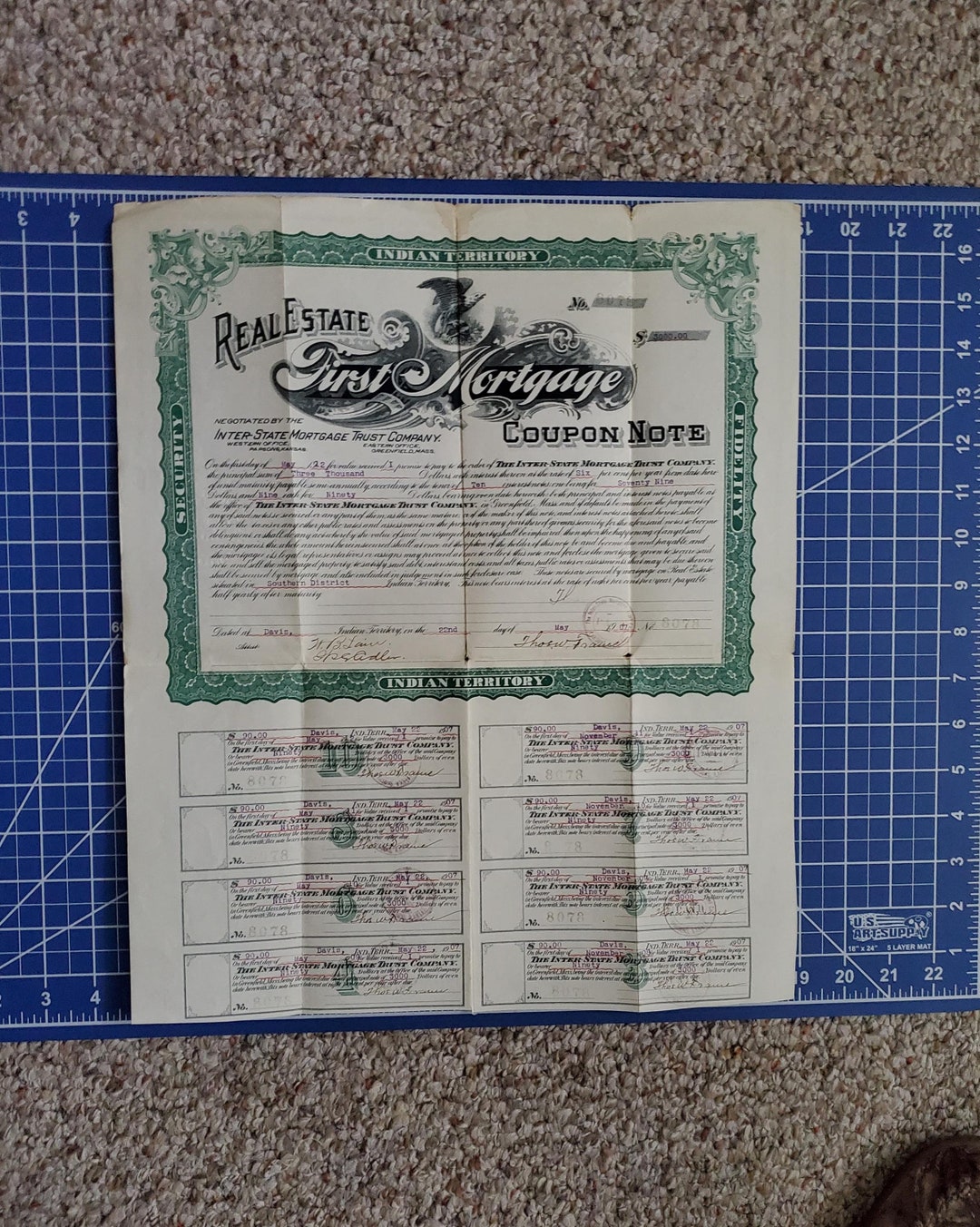 RARE 1907 INDIAN TERRITORY Promissory Real Estate Note W/ Payment Slips ...