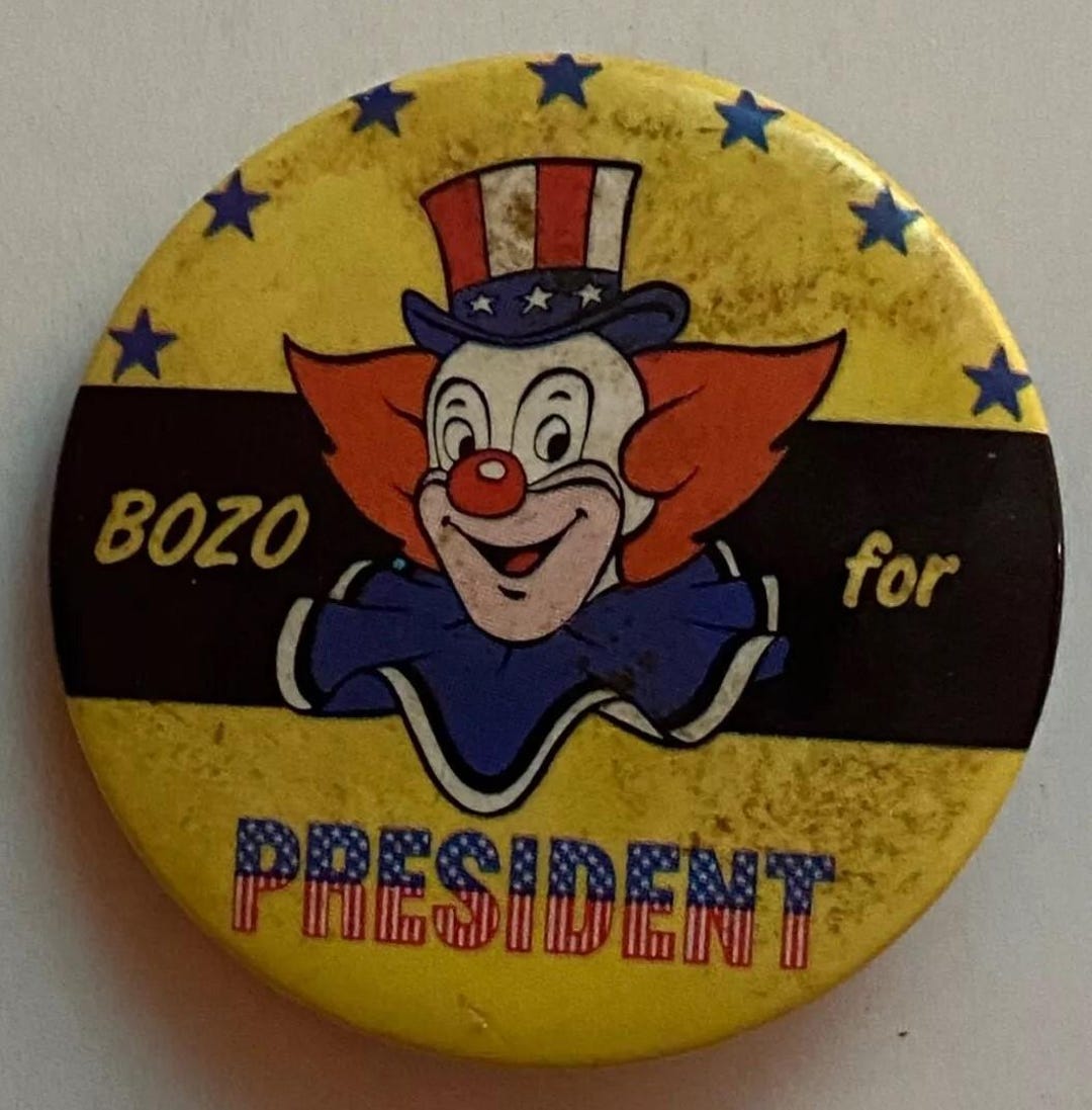 1984 BOZO the CLOWN for PRESIDENT Comics Pin Tin Pinback Insert Vintage ...