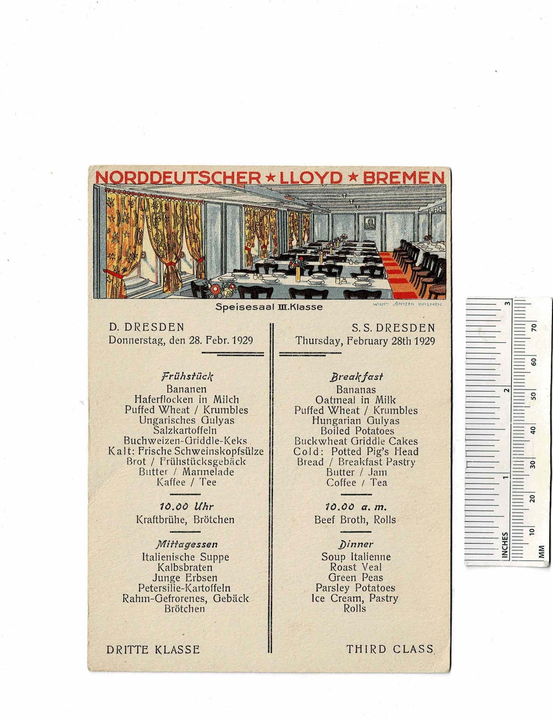 1929 SS DRESDEN Menu Card 3rd Class Postcard Vintage Cruise Ship - Etsy