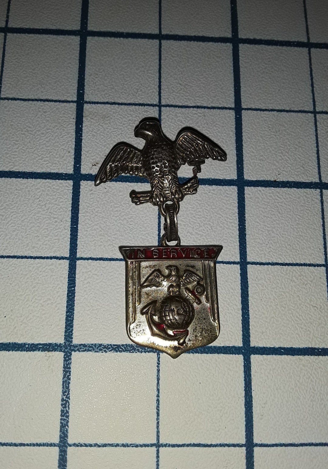 Pre-ww2 STERLING SILVER Marine in Service Badge Homefront Pin Pinback ...