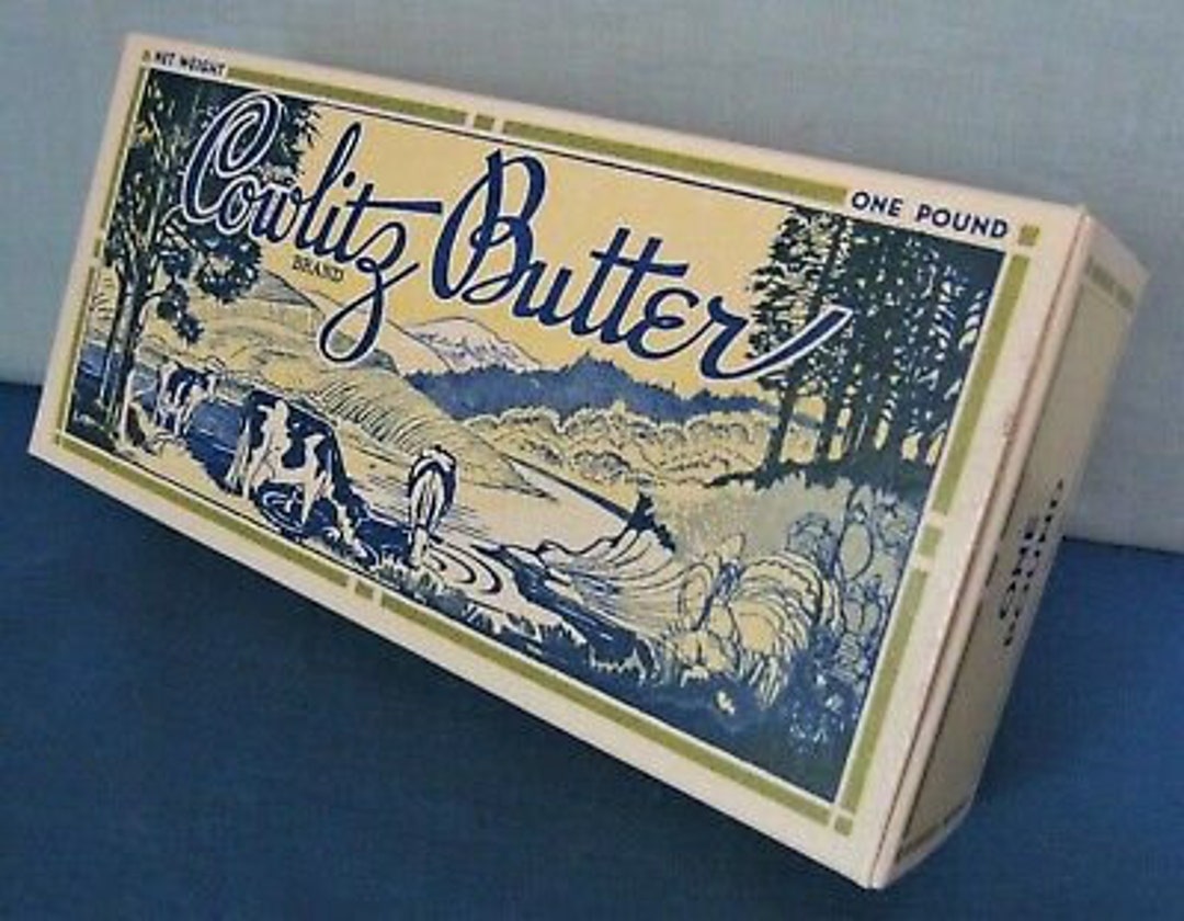 NOS 1958 COWLITZ BUTTER Box Waxed Cardboard Cows in Mountain Pasture ...