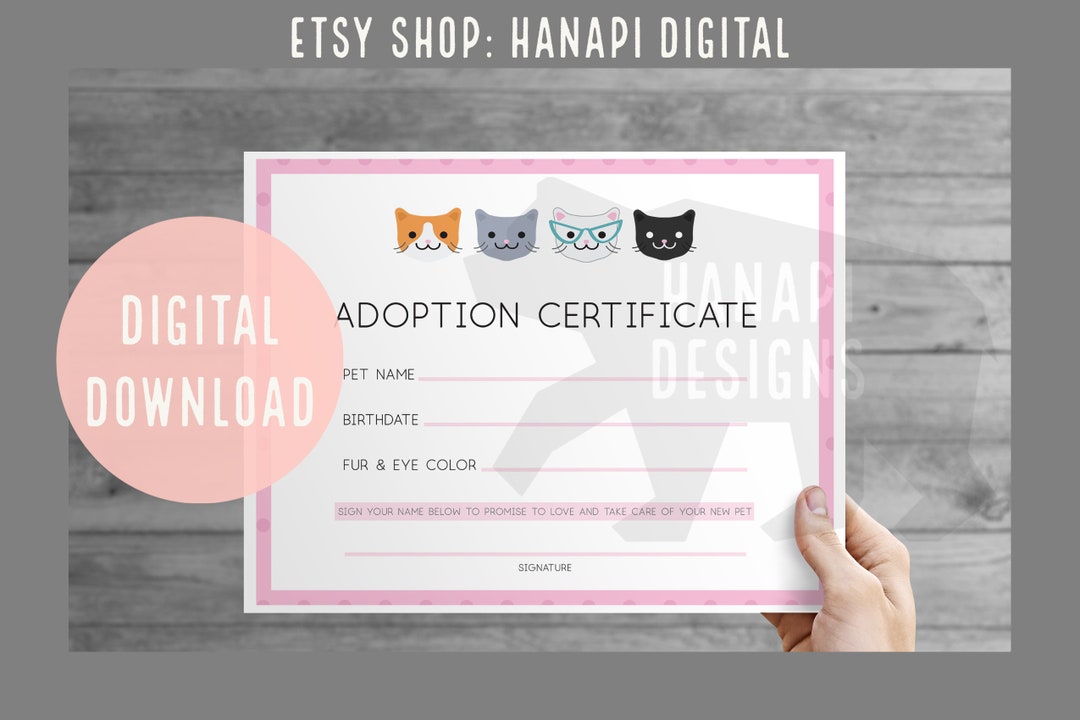 Kitty Kitten Cat Adoption Certificate | Pet | Animal | Birthday Party ...