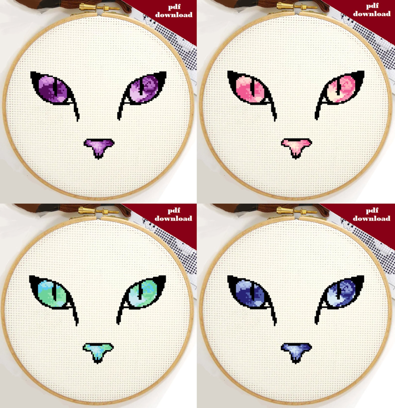 CAT EYES Watercolor Cross Stitch Patterns (w/ Color Options) - Instant ...