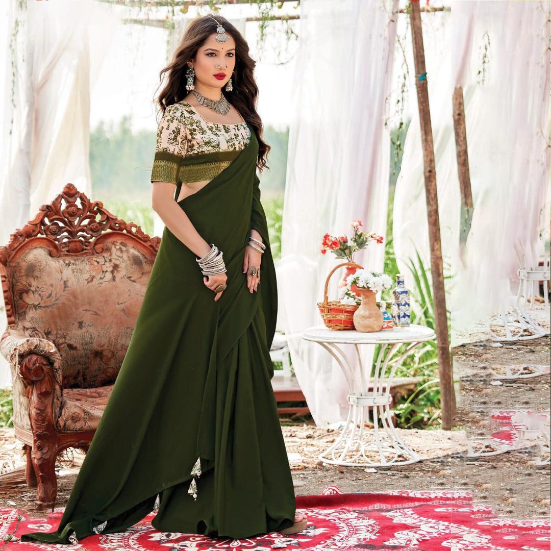Plain Chiffon and Satin Silk Blend Saree in Henna Mehendi Green Colour ...