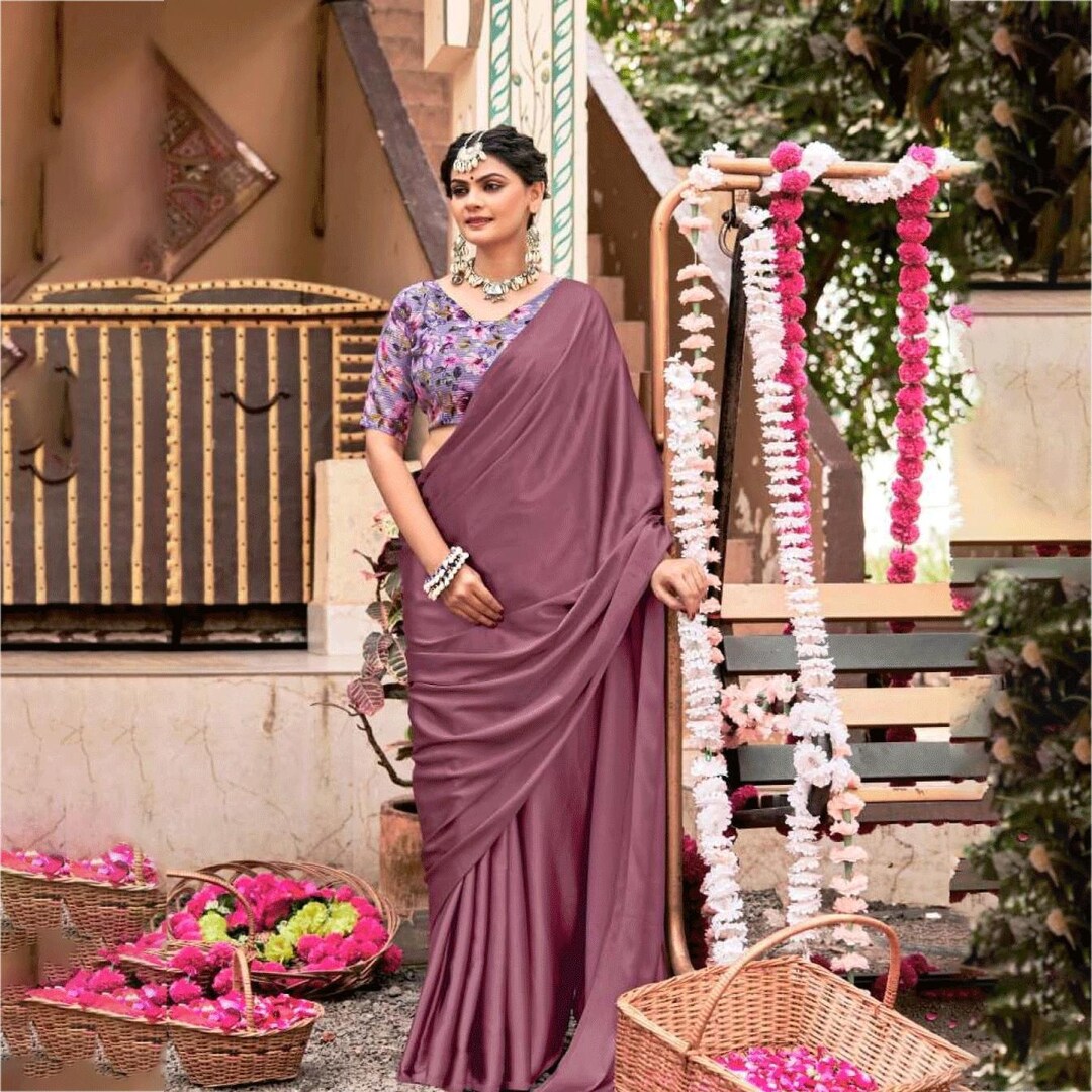 Plain Satin Saree in Onion Pink Colour With Contrast Blouse - Etsy