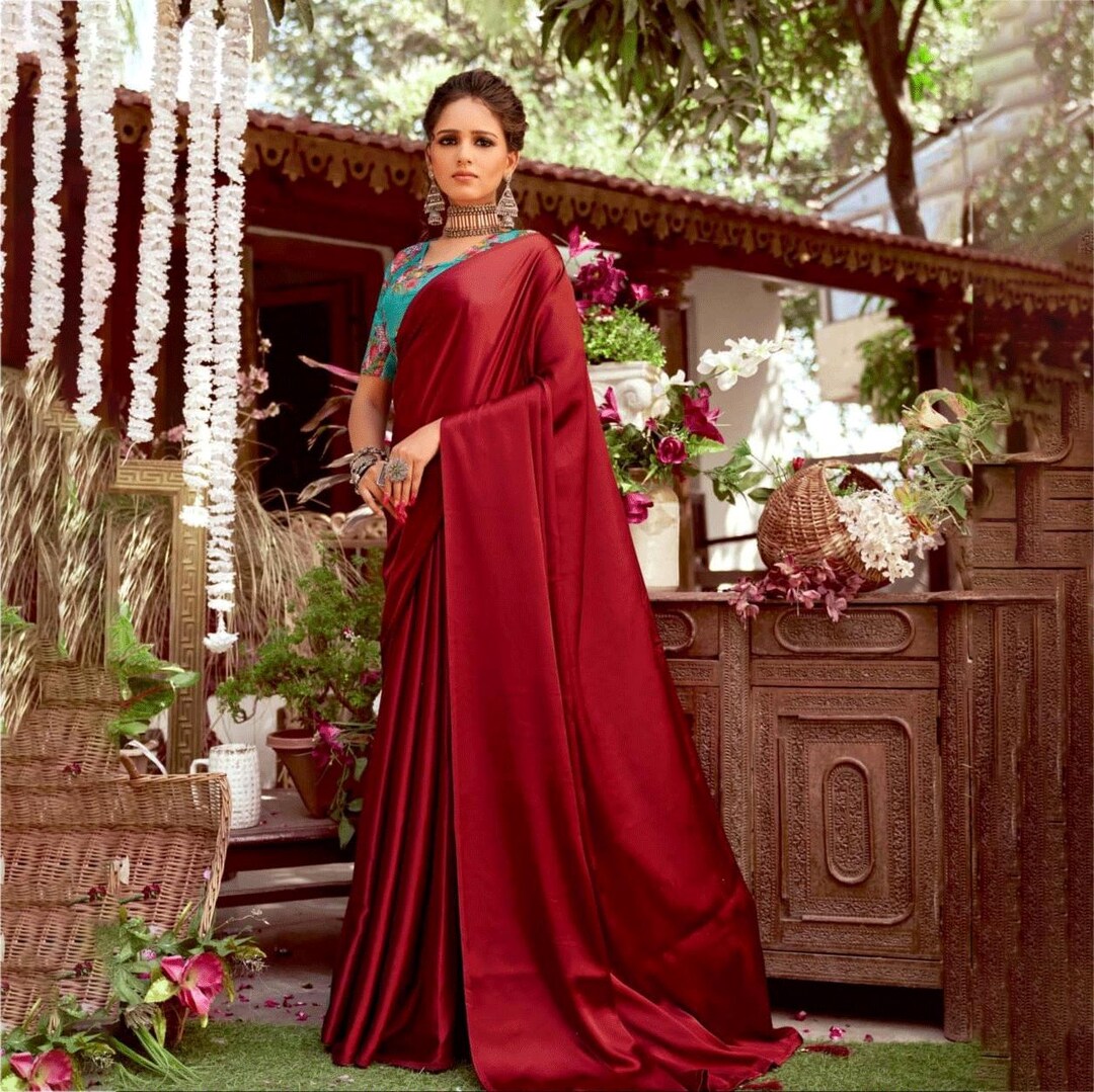 Plain Satin Saree in Red Colour With Contrast Blouse - Etsy