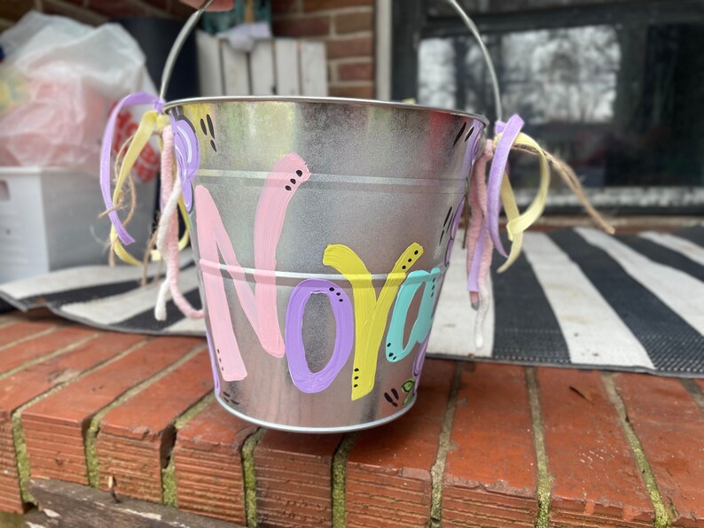 Painted Personalized Buckets, Easter Baskets, Galvanized Metal Easter Buckets, Hand Painted ...