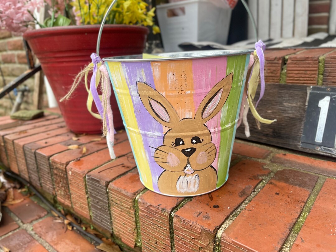 Personalized Easter Bucket, Hand-painted Bunny, Galvanized Metal Pail ...