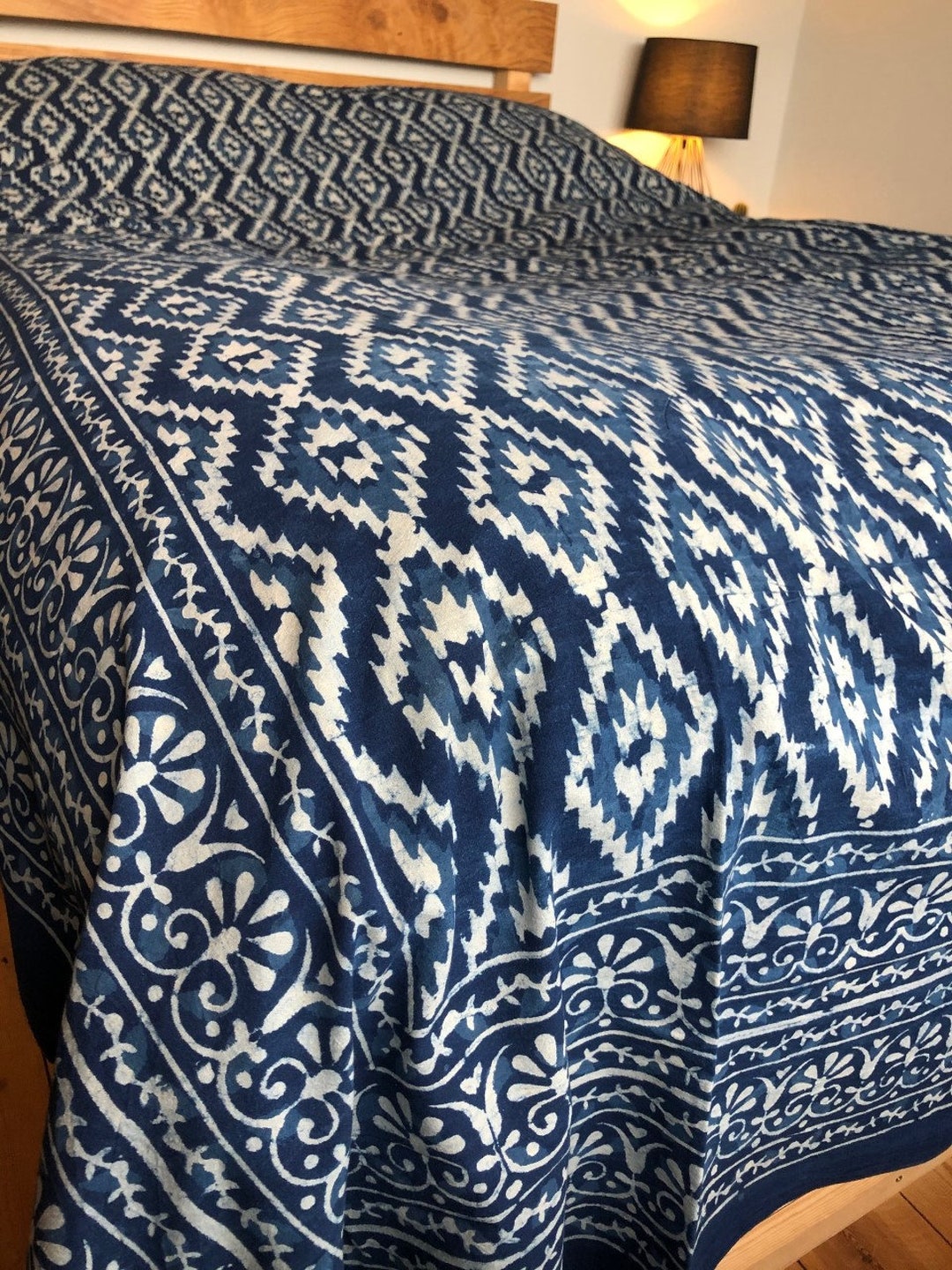 Hand Block Printed Indigo Bedspread: Geometric Indian Cotton Throw - Etsy